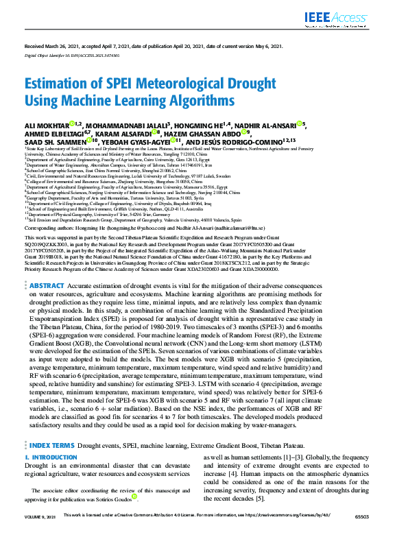 Pdf Estimation Of Spei Meteorological Drought Using Machine Learning Algorithms 9268