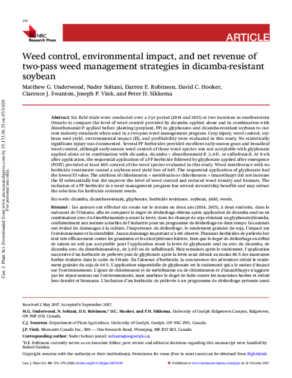 (PDF) Weed control, environmental impact, and net revenue of two-pass ...