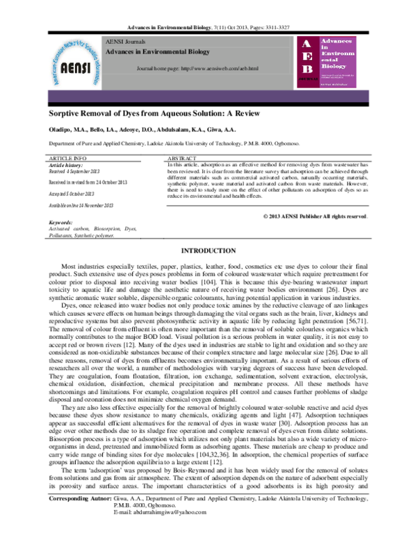 (PDF) Sorptive Removal of Dyes from Aqueous Solution: A Review