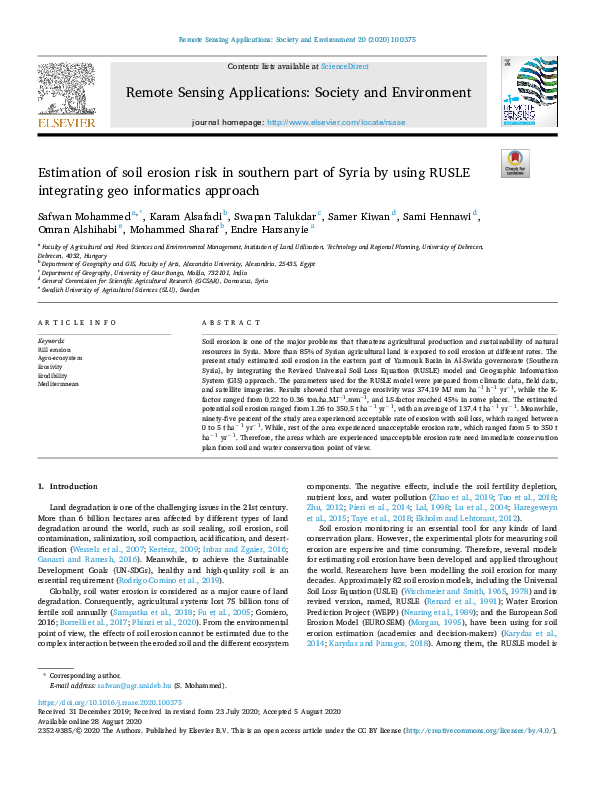 (PDF) Estimation of soil erosion risk in southern part of Syria by ...