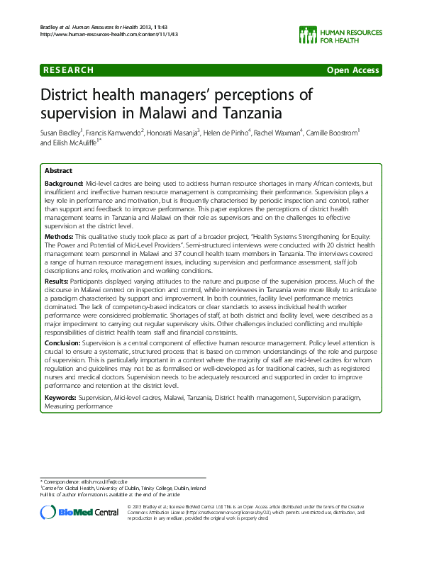 (PDF) District health managers’ perceptions of supervision in Malawi and Tanzania