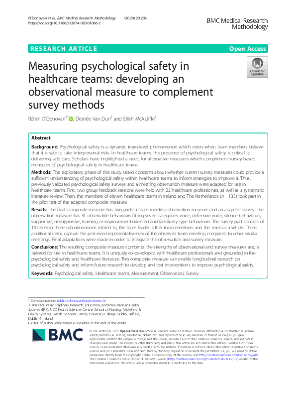 (PDF) Measuring psychological safety in healthcare teams: developing an ...