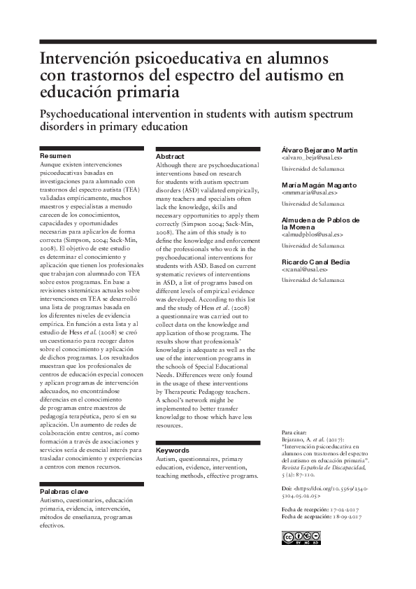 Pdf Intervención Psicoeducativa En Alumnos Con Trastornos Del Espectro Del Autismo En 