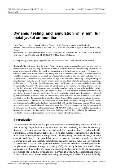 (PDF) Dynamic testing and simulation of 9 mm full metal jacket ammunition