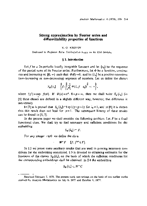 Pdf Strong Approximation By Fourier Series And Differentiability Properties Of Functions