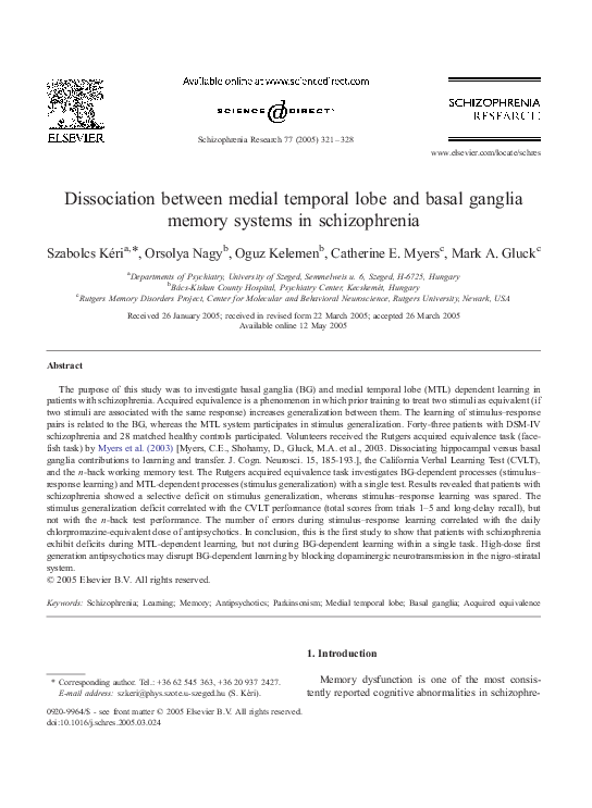 (PDF) Dissociation between medial temporal lobe and basal ganglia memory systems in schizophrenia