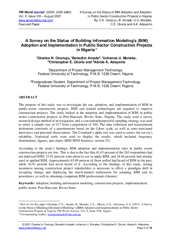 (PDF) A Survey on the Status of Building Information Modeling’s (BIM) Adoption and ...