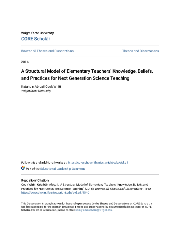 (PDF) A Structural Model of Elementary Teachers' Knowledge, Beliefs, and Practices for Next ...