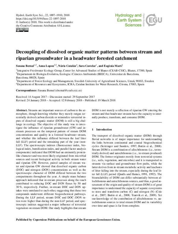 (PDF) Decoupling of dissolved organic matter patterns between stream and riparian groundwater in ...