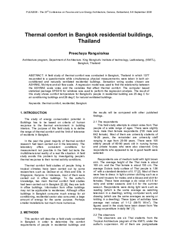 (PDF) Thermal comfort in Bangkok residential buildings , Thailand