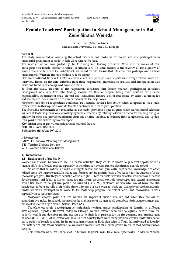 (PDF) Female Teachers’ Participation in School Management in Bale Zone Sinana Woreda