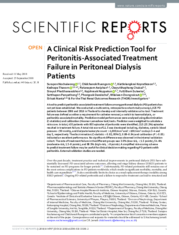 (PDF) A Clinical Risk Prediction Tool for Peritonitis-Associated Treatment Failure in Peritoneal ...