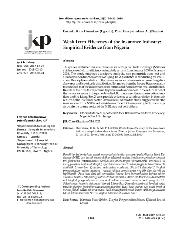 (PDF) Weak-form Efficiency Analysis of Nigeria's Insurance Sector