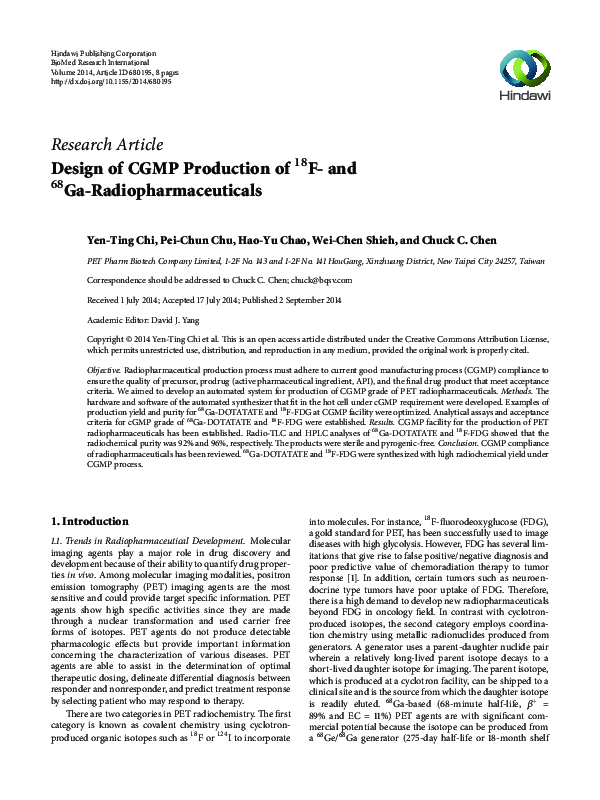 (PDF) Design of CGMP Production of 18 F- and 68 Ga-Radiopharmaceuticals