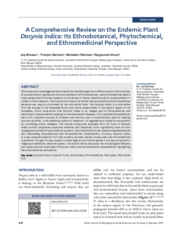 (PDF) A Comprehensive Review on the Endemic Plant Docynia indica: Its ...