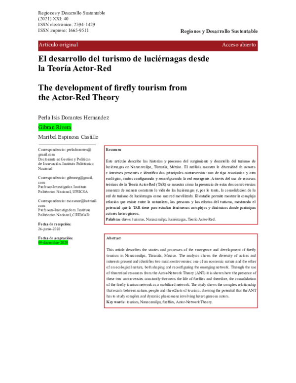 (PDF) El desarrollo del turismo de luciérnagas desde la Teoría Actor-Red