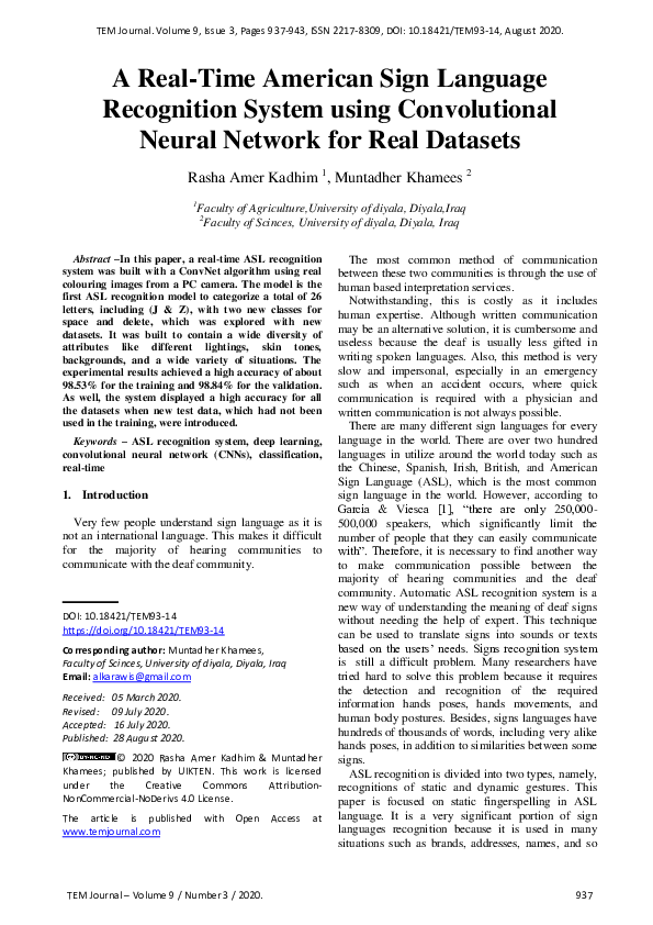 Pdf A Real Time American Sign Language Recognition System Using Convolutional Neural Network