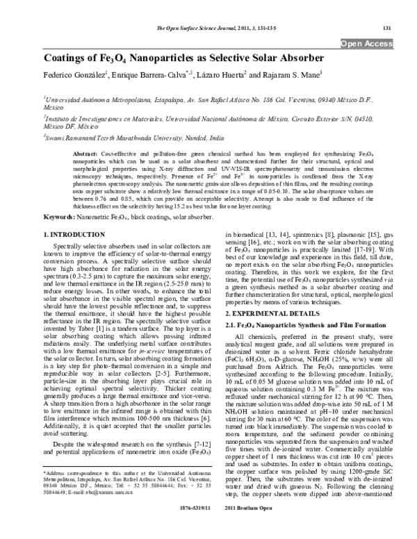 (PDF) Coatings of Fe3O4 Nanoparticles as Selective Solar Absorber