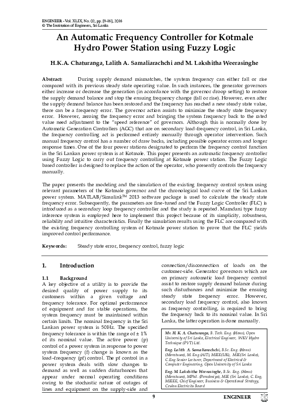 (PDF) An Automatic Frequency Controller for Kotmale Hydro Power Station using Fuzzy Logic