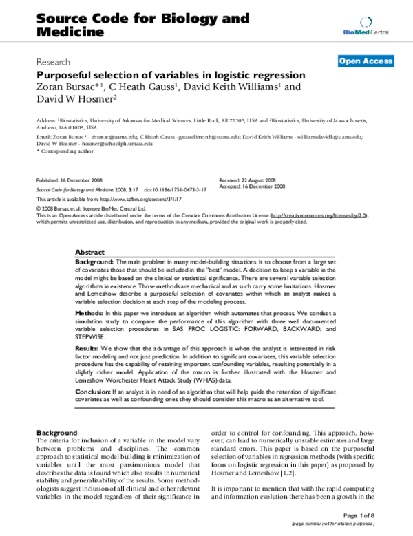 (PDF) Purposeful selection of variables in logistic regression
