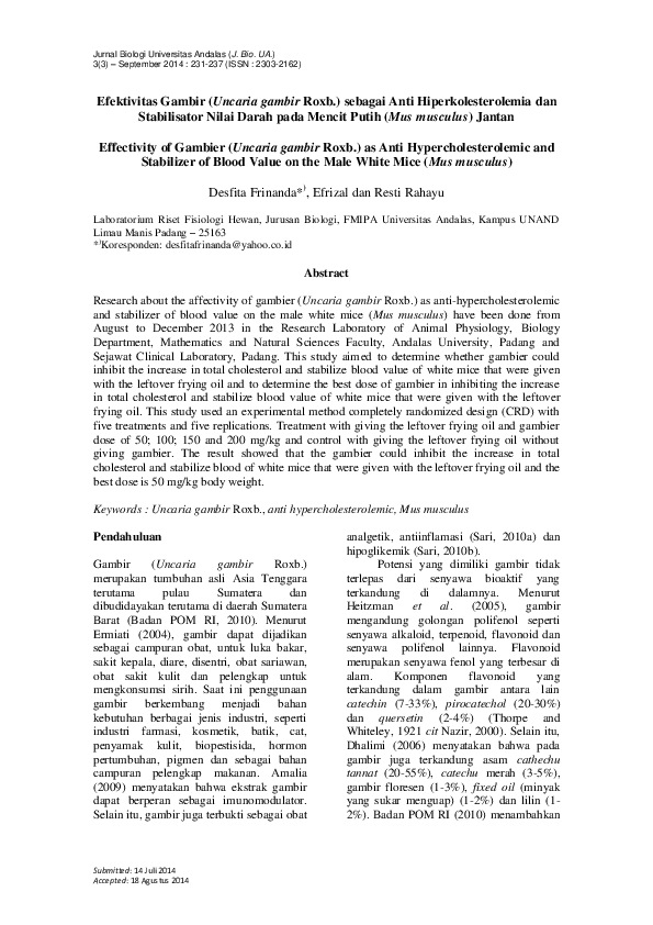(PDF) Efektivitas Gambir (Uncaria gambir Roxb.) sebagai Anti ...