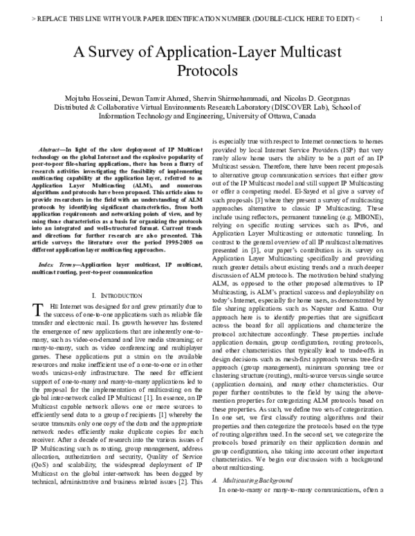 (PDF) A survey of application-layer multicast protocols