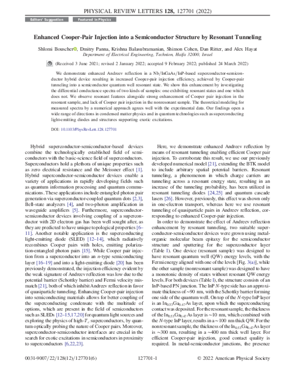 Pdf Enhanced Cooper Pair Injection Into A Semiconductor Structure By Resonant Tunneling