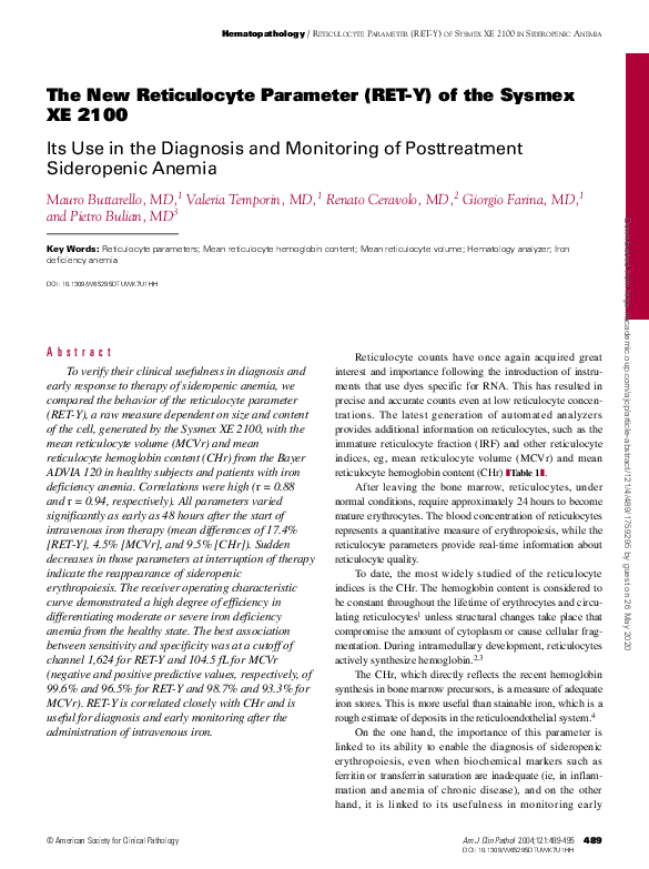(PDF) The New Reticulocyte Parameter (RET-Y) of the Sysmex XE 2100: Its ...