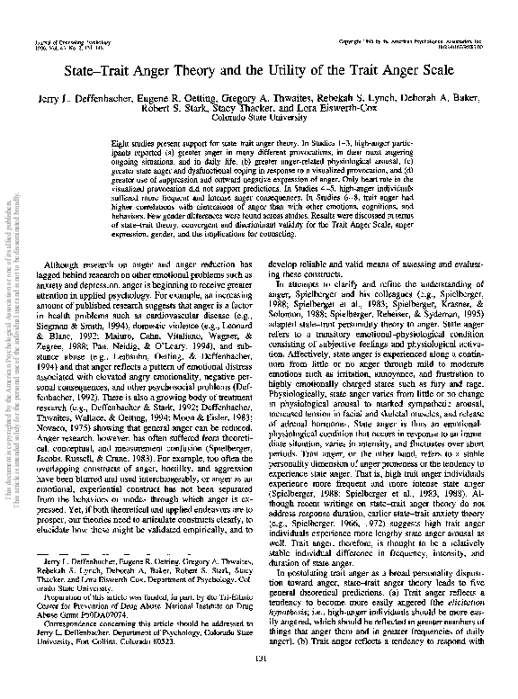 (PDF) State–Trait Anger Theory and the utility of the Trait Anger Scale