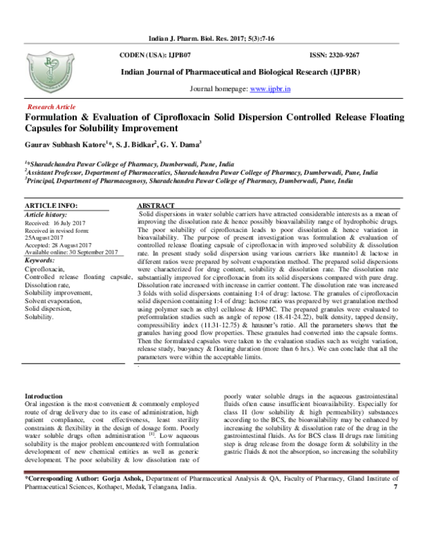 Pdf Formulation And Evaluation Of Ciprofloxacin Solid Dispersion Controlled Release Floating