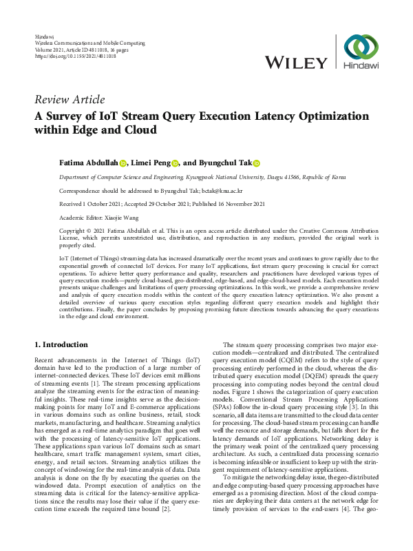 (PDF) A Survey of IoT Stream Query Execution Latency Optimization within Edge and Cloud