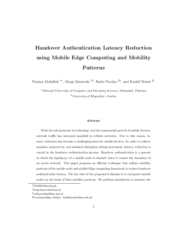 (PDF) Handover authentication latency reduction using mobile edge computing and mobility patterns