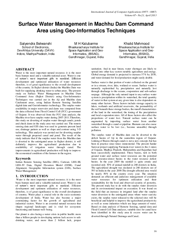 Pdf Surface Water Management In Machhu Dam Command Area Using Geo Informatics Techniques