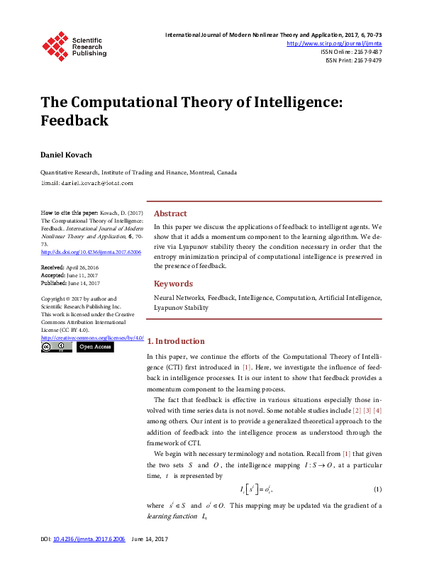(PDF) The Computational Theory of Intelligence: Feedback