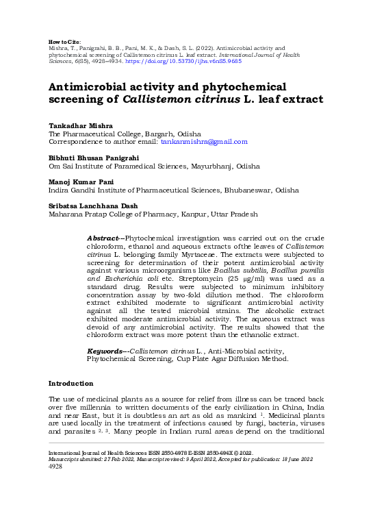 (PDF) Antimicrobial activity and phytochemical screening of Callistemon citrinus L. leaf extract
