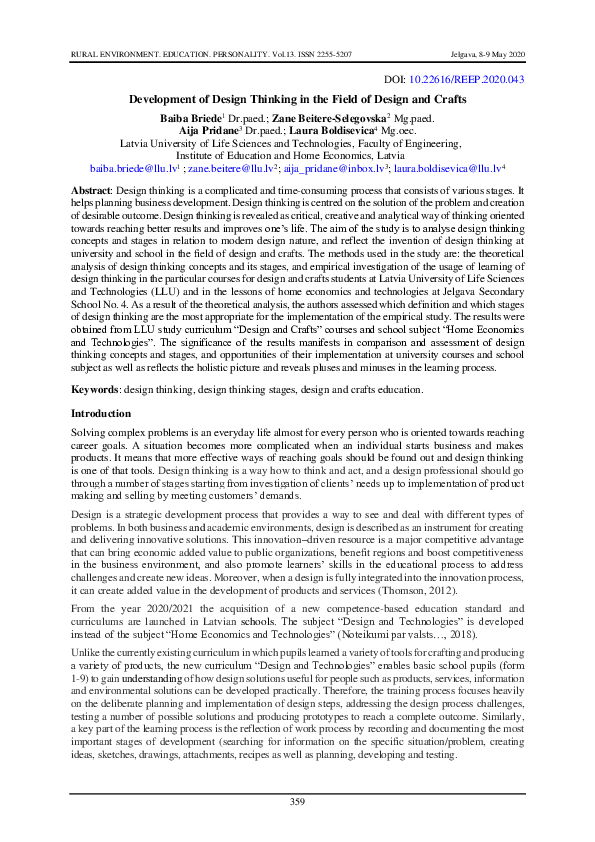 (PDF) Development of Design Thinking in the Field of Design and Crafts