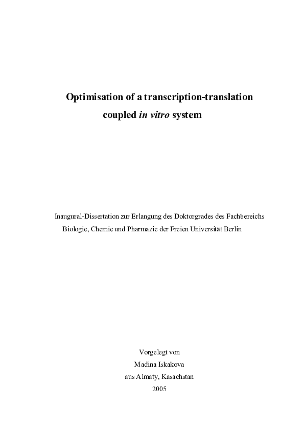 (PDF) Optimisation of a transcription-translation coupled in vitro system