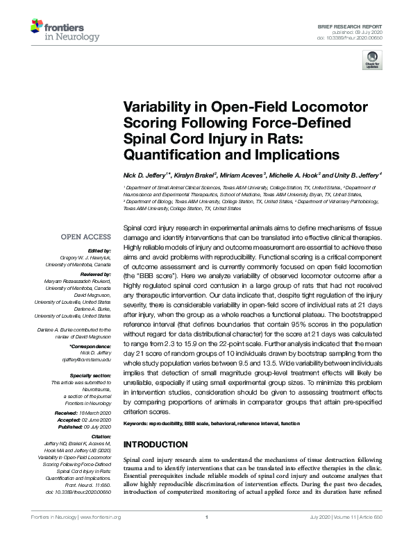 (PDF) Variability in Open-Field Locomotor Scoring Following Force-Defined Spinal Cord Injury in ...