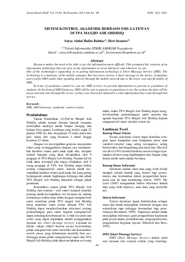 (PDF) Sistem Kontrol Akademik Berbasis SMS Gateway DI Tpa Masjid Ash Shiddiq