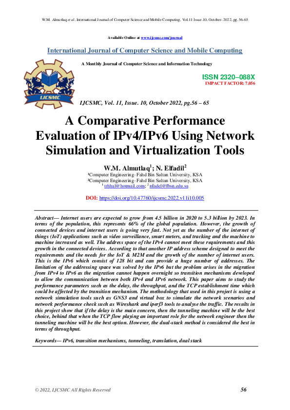 (PDF) A Comparative Performance Evaluation of IPv4/IPv6 Using Network Simulation and ...