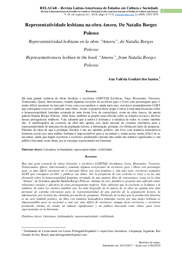 (PDF) Representatividade lesbiana na obra Amora, De Natalia Borges Polesso