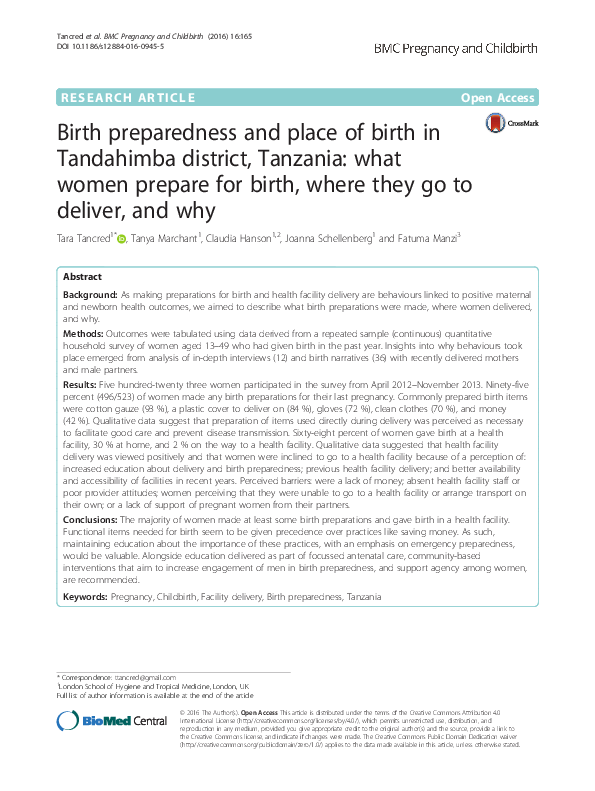 (PDF) Birth preparedness and place of birth in Tandahimba district ...