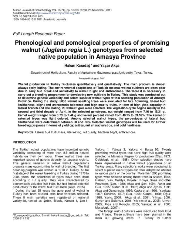 (PDF) Phenological and pomological properties of promising walnut (Juglans regia L.) genotypes ...