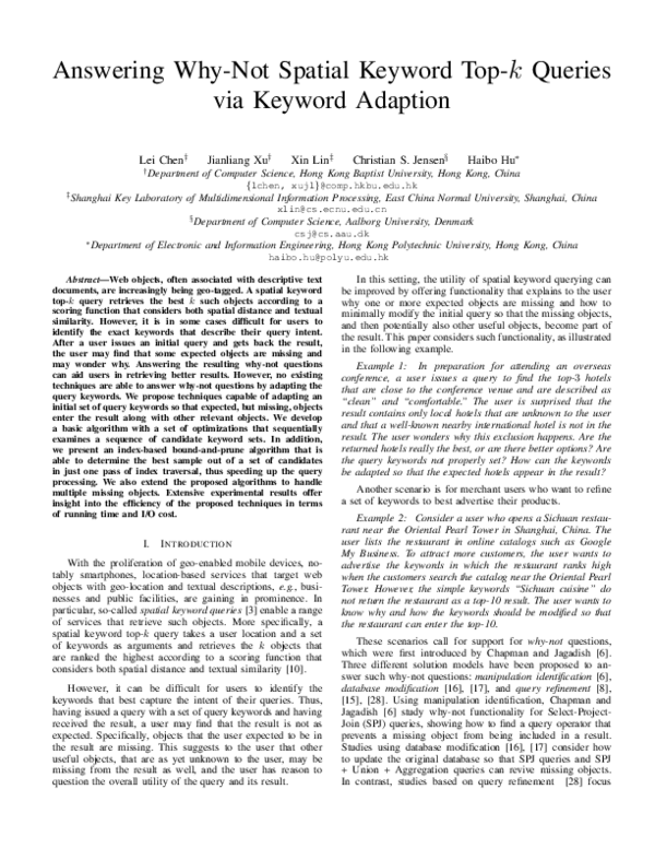 (PDF) Answering why-not spatial keyword top-k queries via keyword adaption