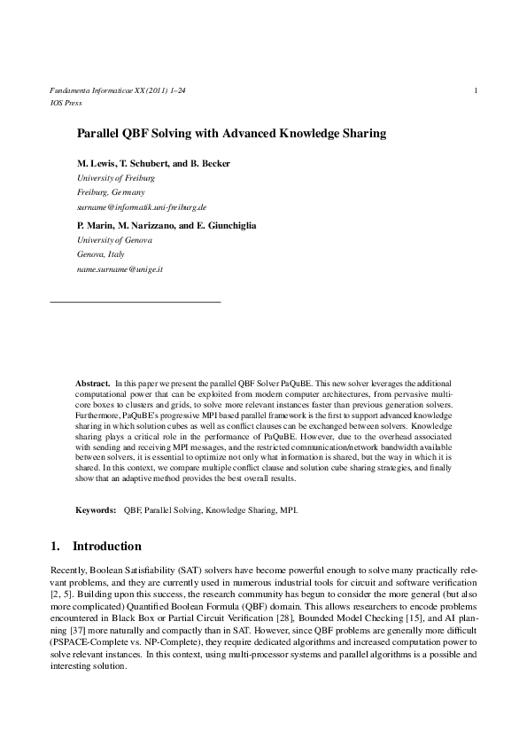 (PDF) Parallel QBF Solving with Advanced Knowledge Sharing
