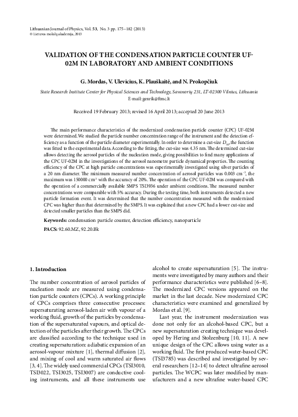 (PDF) Validation of the condensation particle counter UF-02M in laboratory and ambient conditions