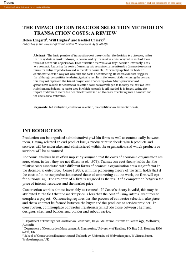 (PDF) The Impact of Contractor Selection Method on Transaction Costs