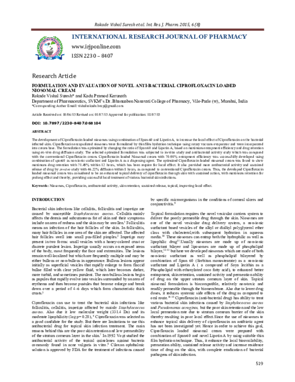 Pdf Formulation And Evaluation Of Novel Anti Bacterial Ciprofloxacin Loaded Niosomal Cream