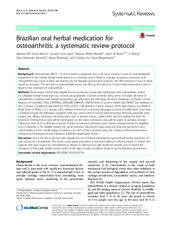(PDF) Brazilian oral herbal medication for osteoarthritis: a systematic ...