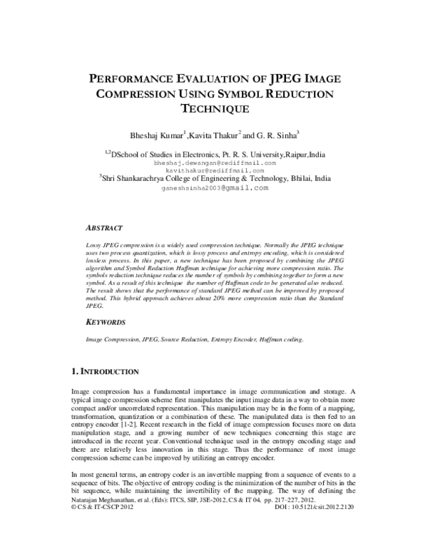 (PDF) Performance Evaluation of JPEG Image Compression Using Symbol Reduction Technique